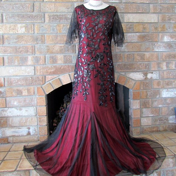 Dresses | Ball Gown Xl Tall Black Bling Beading On Sheer Black Over Red ...